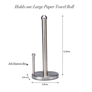 Kitchen Details Countertop Single Tear Paper Towel Holder, Free Standing, Weighted Bottom, Holds Standard Rolls, Dispenser Bar Prevents Unraveling, Stainless Steel