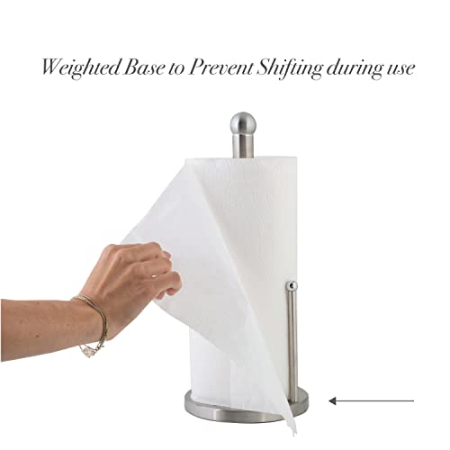 Kitchen Details Countertop Single Tear Paper Towel Holder, Free Standing, Weighted Bottom, Holds Standard Rolls, Dispenser Bar Prevents Unraveling, Stainless Steel