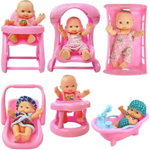 liberty imports 6 pack: mini baby newborn dolls collection - includes cradle, high chair, walker, swing, bathtub and infant seat, pretend toys playset for kids