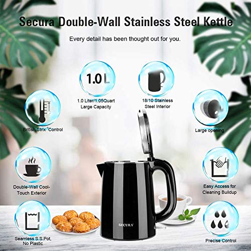 Secura Stainless Steel Double Wall Electric Kettle Water Heater for Tea Coffee w/Auto Shut-Off and Boil-Dry Protection, 1.0L (Black)