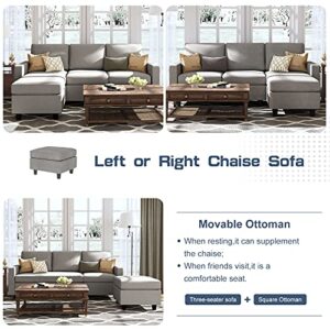 HONBAY Convertible Sectional Sofa, L Shaped Couch with Linen Fabric, Reversible Couch for Small Space, Light Grey