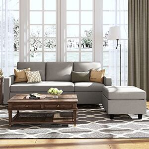 HONBAY Convertible Sectional Sofa, L Shaped Couch with Linen Fabric, Reversible Couch for Small Space, Light Grey