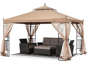 abccanopy patio outdoor gazebo 10x12 - gazebo canopy with netting and corner frame screen wall for backyard,garden gazebo lawn (khaki)