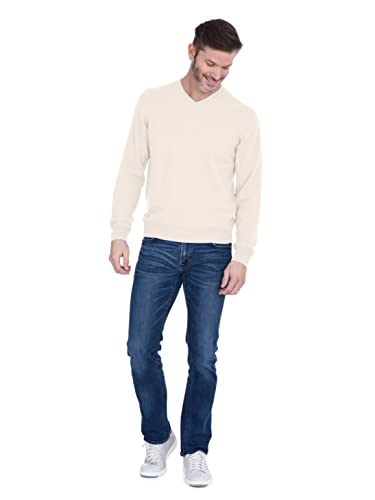 Cashmeren Men's Basic V-Neck Sweater 100% Pure Cashmere Long Sleeve Pullover (Ivory, Large)