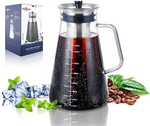 aquach airtight cold brew coffee (iced tea) maker 51oz/1.5l, bpa-free, durable borosilicate glass pitcher and stainless steel fine-mesh filter, dishwasher safe, spill-proof, 6 cups capacity