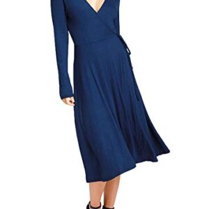 R.Vivimos Women Spring Autumn Long Sleeve Sweater Knitted Slim Elastic V Neck Sexy Midi Wrap Dresses （Large, Navy Blue）