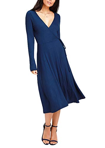 R.Vivimos Women Spring Autumn Long Sleeve Sweater Knitted Slim Elastic V Neck Sexy Midi Wrap Dresses （Large, Navy Blue）