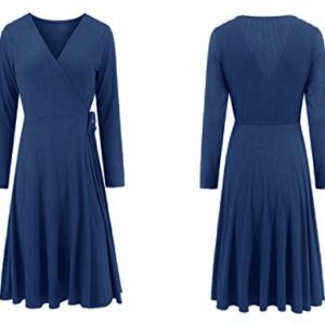 R.Vivimos Women Spring Autumn Long Sleeve Sweater Knitted Slim Elastic V Neck Sexy Midi Wrap Dresses （Large, Navy Blue）