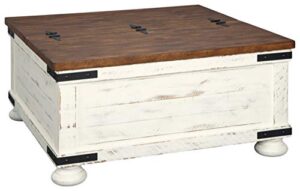 signature design by ashley wystfield farmhouse square storage coffee table with hinged lift top, distressed white