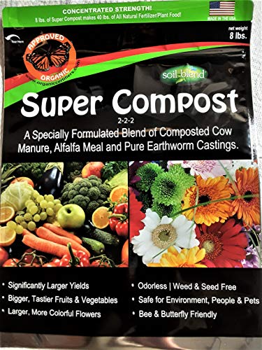 Super Compost 2 Pack of 8 Lb. Bags. 2 Pk. Makes 80 Lbs. A Specially Formulated Blend of Organic Composted Beef Steer Manure & Organic Alfalfa Blended with Organic Worm Castings.