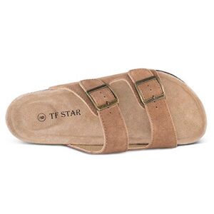 TF STAR Men’s Cow Suede Leather Slide Sandals,2-Strap Adjustable Buckle,Casual Slippers, Slide Cork Footbed shoes