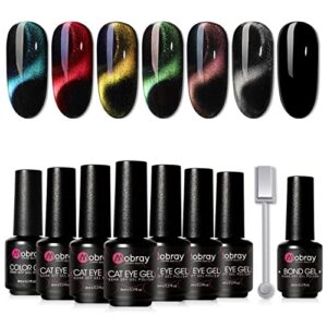 mobray cat eye gel nail polish set, 6pcs 3d cateye magnetic gel polish kit with 1*black base gel and 1*magnetic stick soak off nail lamp nail art for women.