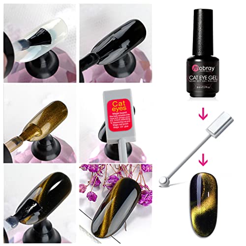 Mobray Cat Eye Gel Nail Polish Set, 6Pcs 3D Cateye Magnetic Gel Polish Kit with 1*Black Base Gel and 1*Magnetic Stick Soak Off Nail Lamp Nail Art for Women.