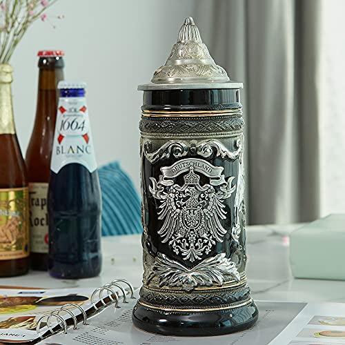 HAUCOZE Beer Stein Mug German Eagle Medallion Stanley Viking Tankard with Petwer Lid Birthday Gifts 0.6Liter