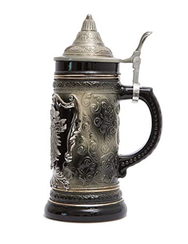 HAUCOZE Beer Stein Mug German Eagle Medallion Stanley Viking Tankard with Petwer Lid Birthday Gifts 0.6Liter