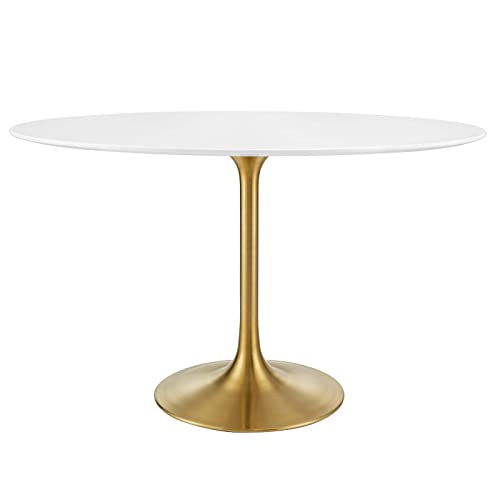 Modway Lippa 48" Oval-Shaped Mid-Century Modern Dining Table with White Wood Top and Gold Base