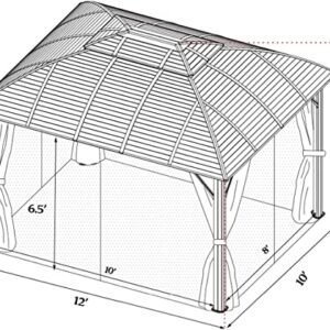 Kozyard 10ftx12ft Hardtop Aluminum Permanent Gazebo with a Mosquito Net Sidewall and Privacy Wall (Odyssey 10ftx12ft)