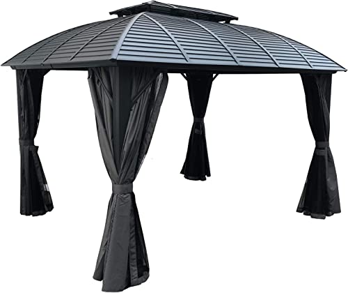 Kozyard 10ftx12ft Hardtop Aluminum Permanent Gazebo with a Mosquito Net Sidewall and Privacy Wall (Odyssey 10ftx12ft)