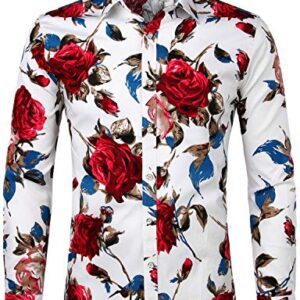 ZEROYAA Men's Hipster Retro Rose Floral Printed Casual Slim Fit Long Sleeve Streth Shirt ZLCL04-101-White Small