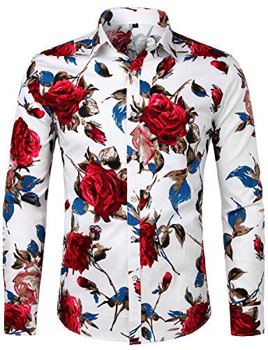 ZEROYAA Men's Hipster Retro Rose Floral Printed Casual Slim Fit Long Sleeve Streth Shirt ZLCL04-101-White Small