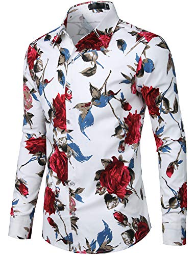 ZEROYAA Men's Hipster Retro Rose Floral Printed Casual Slim Fit Long Sleeve Streth Shirt ZLCL04-101-White Small