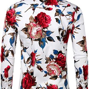 ZEROYAA Men's Hipster Retro Rose Floral Printed Casual Slim Fit Long Sleeve Streth Shirt ZLCL04-101-White Small