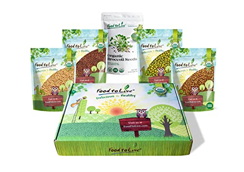 Organic Sprouting Seeds in a Gift Box - A Variety Pack of Broccoli Seeds, Alfalfa Seeds, Radish Seeds, Mung Beans, Clover Seeds