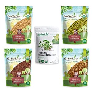 Organic Sprouting Seeds in a Gift Box - A Variety Pack of Broccoli Seeds, Alfalfa Seeds, Radish Seeds, Mung Beans, Clover Seeds