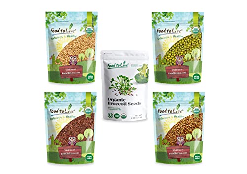 Organic Sprouting Seeds in a Gift Box - A Variety Pack of Broccoli Seeds, Alfalfa Seeds, Radish Seeds, Mung Beans, Clover Seeds