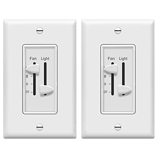 ENERLITES 3 Speed Ceiling Fan Control and Dimmer Light Switch, 2.5A Single Pole Light Fan Switch, 300W Incandescent Load, No Neutral Wire Required, 17001-F3-W, White, 2 Pack…