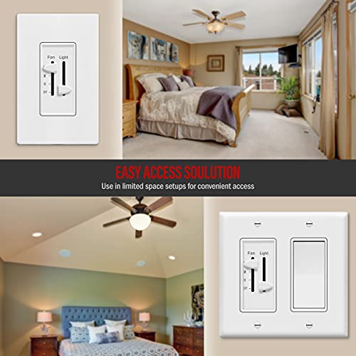 ENERLITES 3 Speed Ceiling Fan Control and Dimmer Light Switch, 2.5A Single Pole Light Fan Switch, 300W Incandescent Load, No Neutral Wire Required, 17001-F3-W, White, 2 Pack…