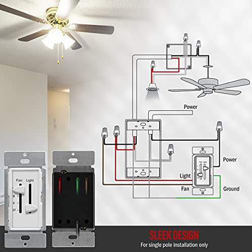 ENERLITES 3 Speed Ceiling Fan Control and Dimmer Light Switch, 2.5A Single Pole Light Fan Switch, 300W Incandescent Load, No Neutral Wire Required, 17001-F3-W, White, 2 Pack…