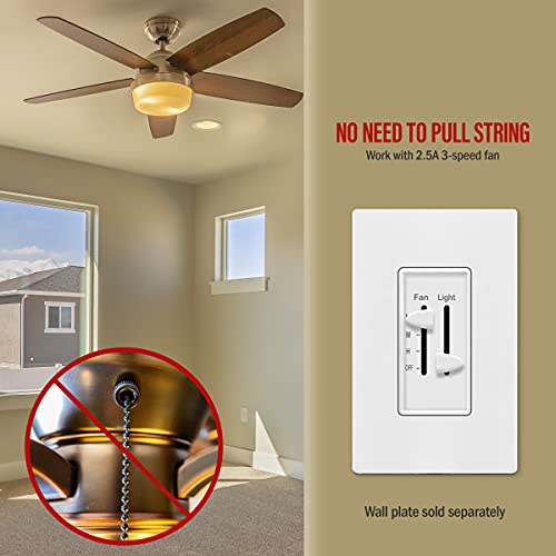 ENERLITES 3 Speed Ceiling Fan Control and Dimmer Light Switch, 2.5A Single Pole Light Fan Switch, 300W Incandescent Load, No Neutral Wire Required, 17001-F3-W, White, 2 Pack…