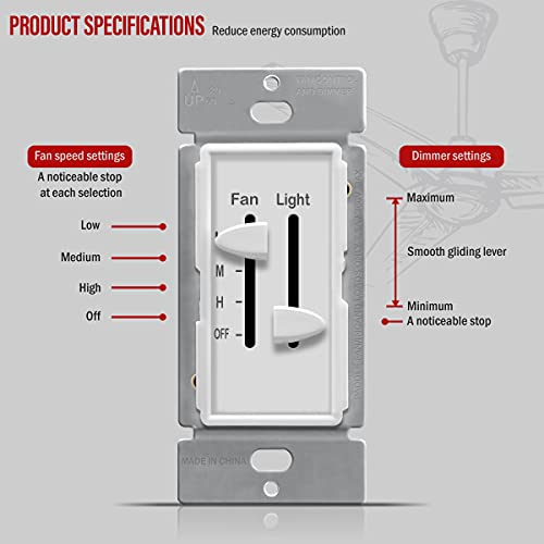 ENERLITES 3 Speed Ceiling Fan Control and Dimmer Light Switch, 2.5A Single Pole Light Fan Switch, 300W Incandescent Load, No Neutral Wire Required, 17001-F3-W, White, 2 Pack…