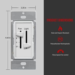 ENERLITES 3 Speed Ceiling Fan Control and Dimmer Light Switch, 2.5A Single Pole Light Fan Switch, 300W Incandescent Load, No Neutral Wire Required, 17001-F3-W, White, 2 Pack…