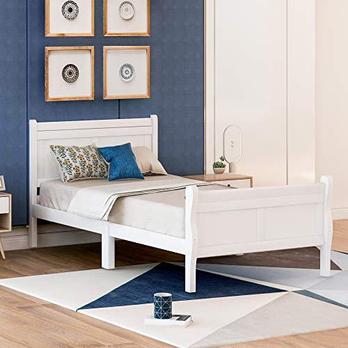 Harper & Bright Designs Wood Platform Bed Twin Bed Frame Mattress Foundation Sleigh Bed with Headboard/Footboard/Wood Slat Support