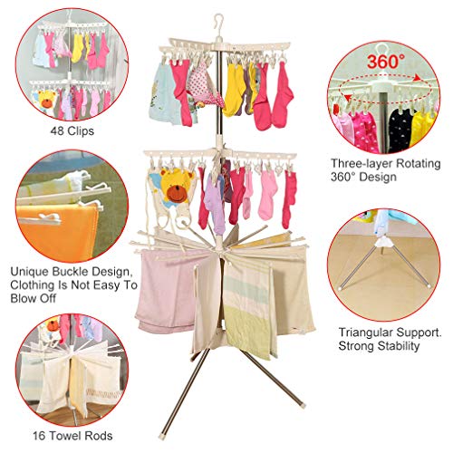 BAOYOUNI Collapsible Clothes Drying Rack 3-Tier Indoor Outdoor Space Saving Stand Hanger with 48 Clips and 16 Towels Bars for Baby Clothes, Cloth Diapers, Socks, Bras, Towels, Underwear (Ivory)