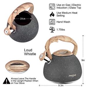 POLIVIAR Tea Kettle, 2.7 Quart Natural Stone Finish with Wood Pattern Handle Loud Whistle Food Grade Stainless Steel Teapot, Anti-Hot Handle and Anti-Rust, Suitable for All Heat Sources (JX2018-GR20)