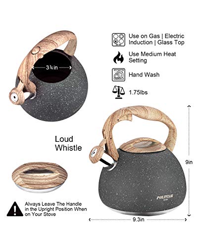 POLIVIAR Tea Kettle, 2.7 Quart Natural Stone Finish with Wood Pattern Handle Loud Whistle Food Grade Stainless Steel Teapot, Anti-Hot Handle and Anti-Rust, Suitable for All Heat Sources (JX2018-GR20)