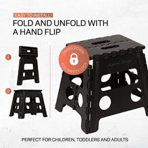 Inspired Living 13" Step Stool, Folding Step Stools for Adults, Plastic Foldable Step Stools Kids, Holds Up To 330 lbs, Collapsible Folding Stool for Kitchen, Bathroom, Bedroom - Black