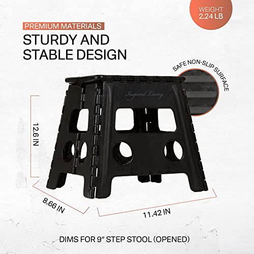 Inspired Living 13" Step Stool, Folding Step Stools for Adults, Plastic Foldable Step Stools Kids, Holds Up To 330 lbs, Collapsible Folding Stool for Kitchen, Bathroom, Bedroom - Black