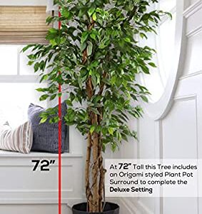 Deluxe 6 Feet Tall FICUS Silk Leaf Artificial Tree + 8" Base + 12" Plant Pot Skirt. 18 Feet of Vine Adorn Wide Real Trunks with Green Leaves Allowing Maintenance Free in-Door and Outdoor Use