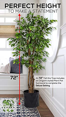 Deluxe 6 Feet Tall FICUS Silk Leaf Artificial Tree + 8" Base + 12" Plant Pot Skirt. 18 Feet of Vine Adorn Wide Real Trunks with Green Leaves Allowing Maintenance Free in-Door and Outdoor Use