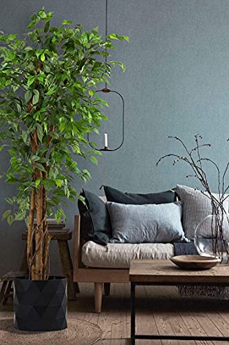 Deluxe 6 Feet Tall FICUS Silk Leaf Artificial Tree + 8" Base + 12" Plant Pot Skirt. 18 Feet of Vine Adorn Wide Real Trunks with Green Leaves Allowing Maintenance Free in-Door and Outdoor Use