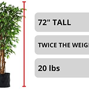 Deluxe 6 Feet Tall FICUS Silk Leaf Artificial Tree + 8" Base + 12" Plant Pot Skirt. 18 Feet of Vine Adorn Wide Real Trunks with Green Leaves Allowing Maintenance Free in-Door and Outdoor Use