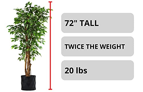 Deluxe 6 Feet Tall FICUS Silk Leaf Artificial Tree + 8" Base + 12" Plant Pot Skirt. 18 Feet of Vine Adorn Wide Real Trunks with Green Leaves Allowing Maintenance Free in-Door and Outdoor Use