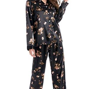 Tony & Candice Women's Classic Satin Pajama Set Sleepwear Loungewear (Black with Flower Pattern, Small)