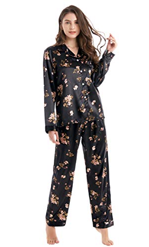 Tony & Candice Women's Classic Satin Pajama Set Sleepwear Loungewear (Black with Flower Pattern, Small)