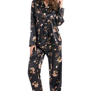 Tony & Candice Women's Classic Satin Pajama Set Sleepwear Loungewear (Black with Flower Pattern, Small)