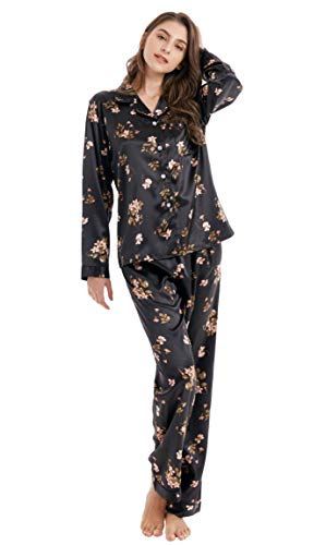 Tony & Candice Women's Classic Satin Pajama Set Sleepwear Loungewear (Black with Flower Pattern, Small)